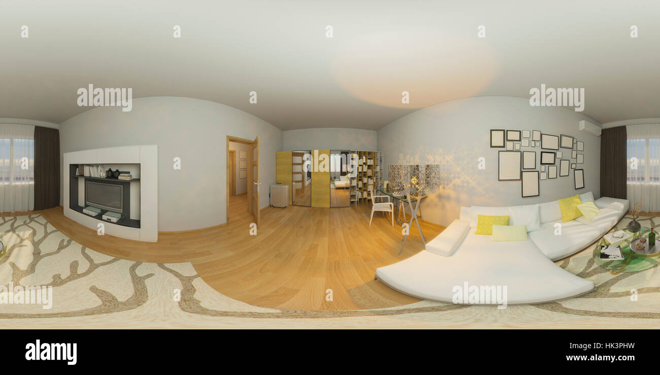 3d illustration 360 degrees panorama of living room nterior design ...