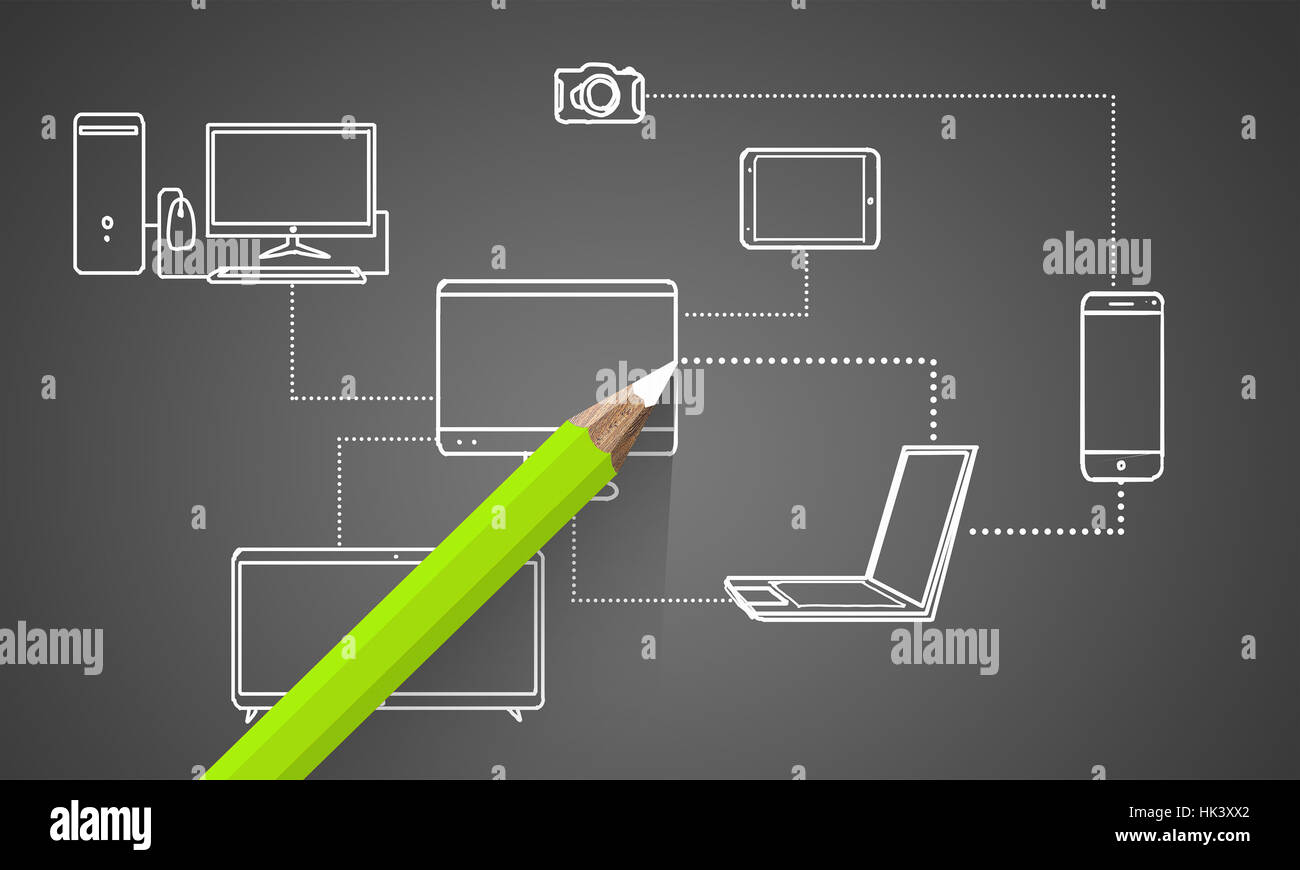 Pencil drawing connection lines between office devices Stock Photo - Alamy