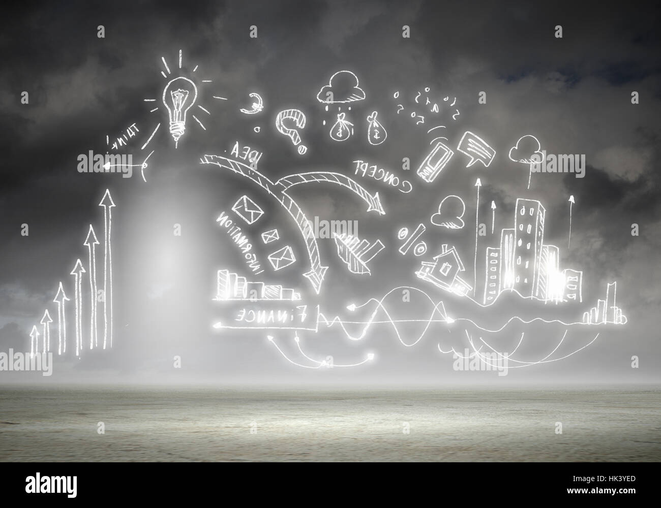 Hand drawn business ideas sketch against nature background hi-res stock ...