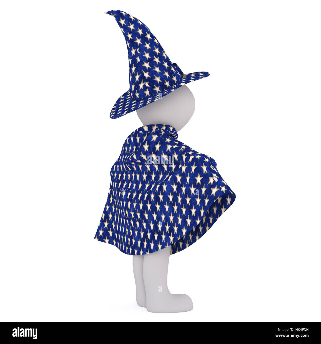 3D illustrated rendering of figure wearing cloak and wizard hat colored ...