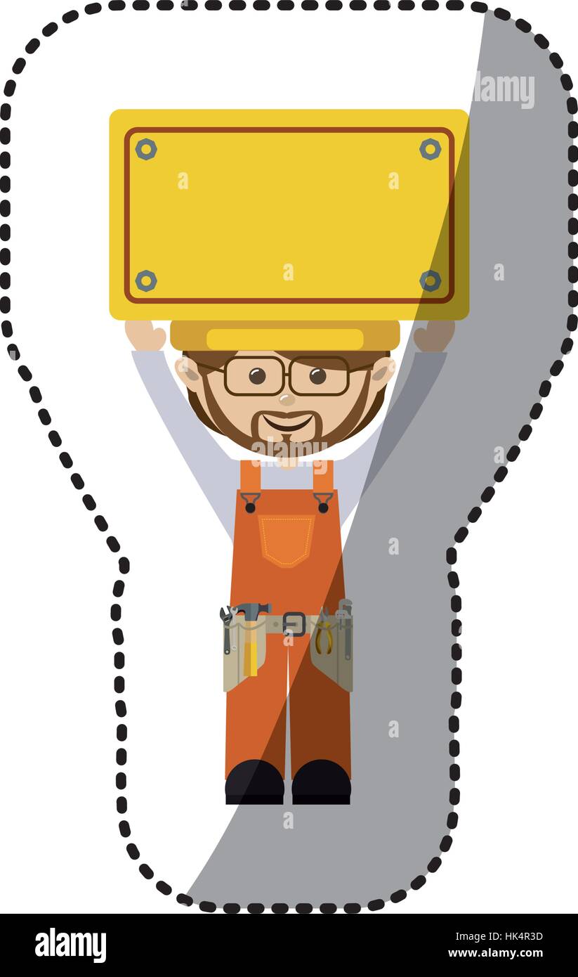 sticker avatar worker with toolkit and plaque up vector illustration ...