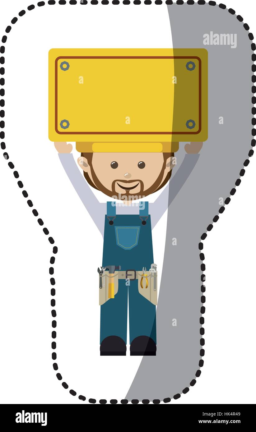 sticker avatar worker with toolkit and plaque up vector illustration ...