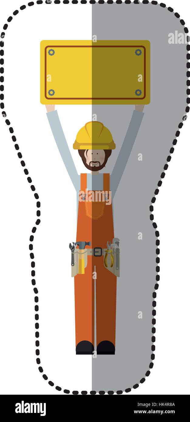 sticker worker with toolkit and plaque up vector illustration Stock ...