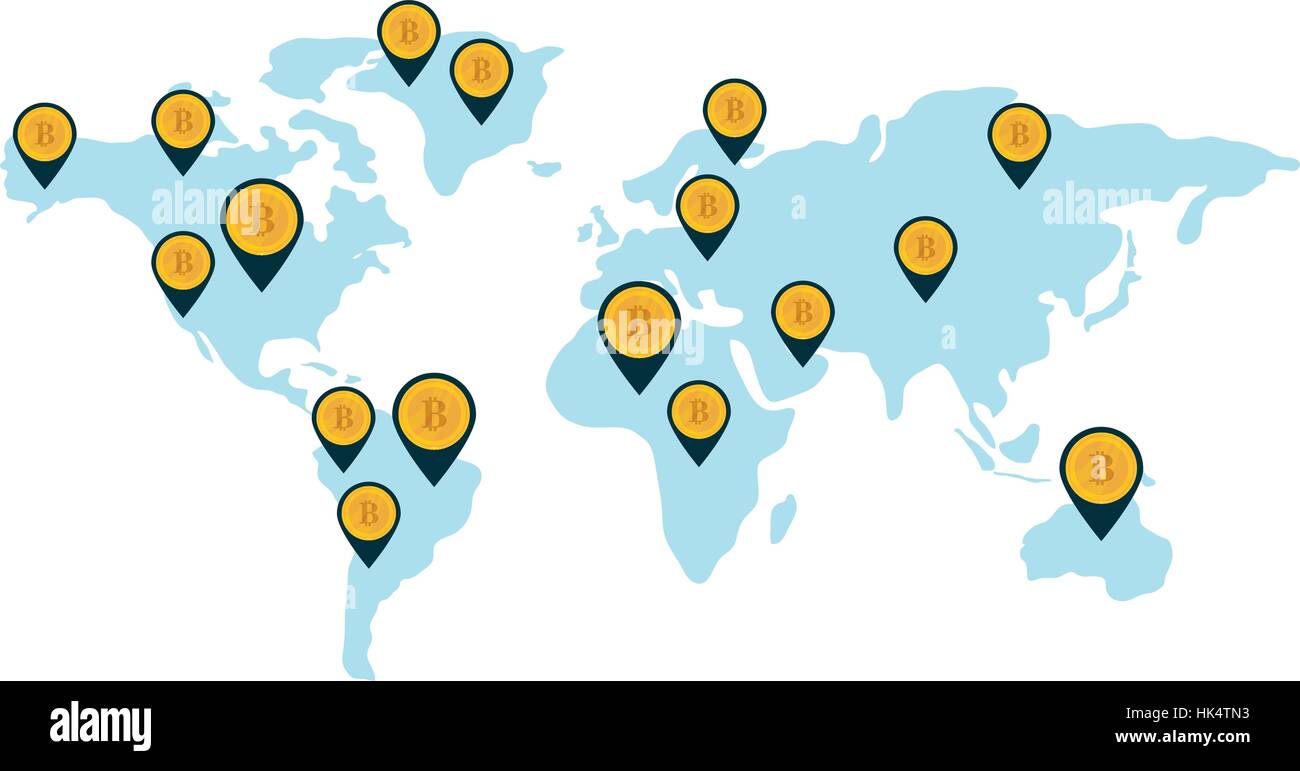 world map with bitcoins icon over white background. colorful design ...