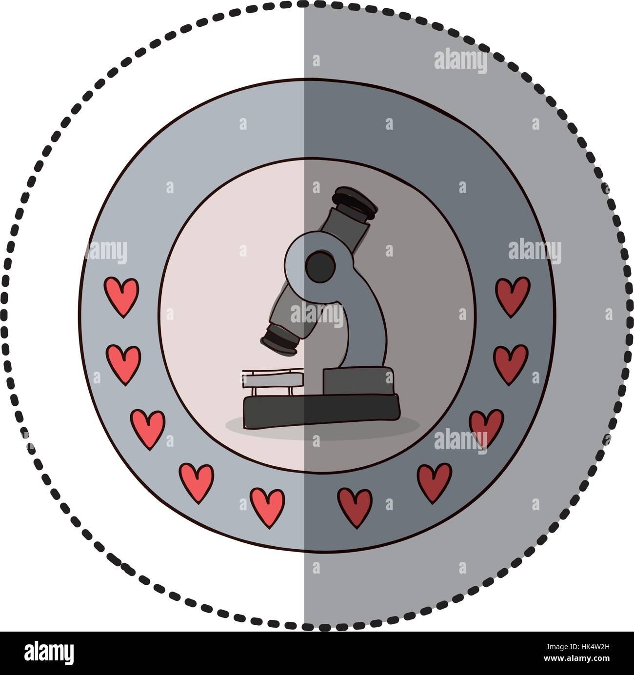 colorful sticker with circular border with hearts and microscope to ...