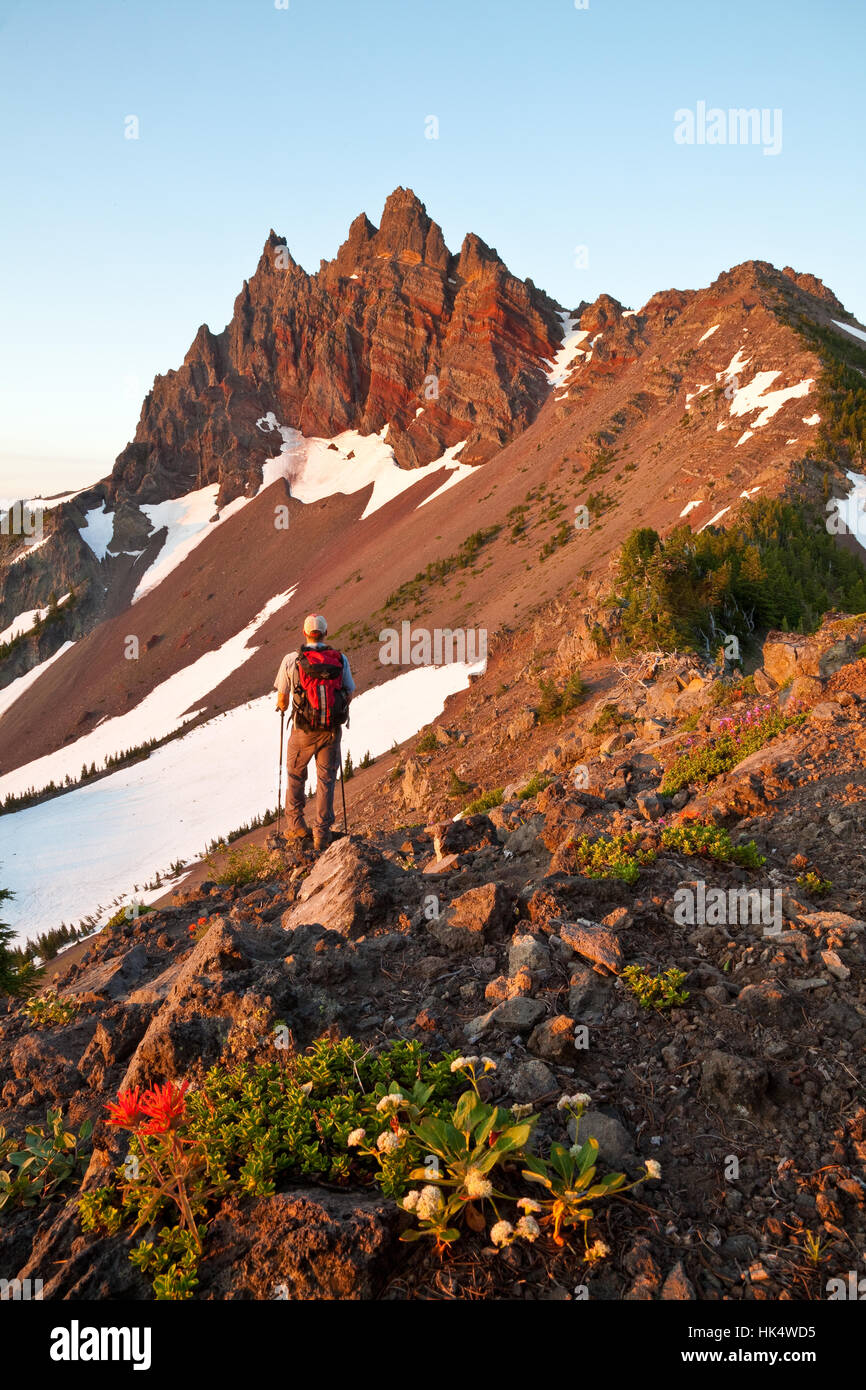 Backpacker Near the Summit of Three Fingered Jack Mountain in Central ...