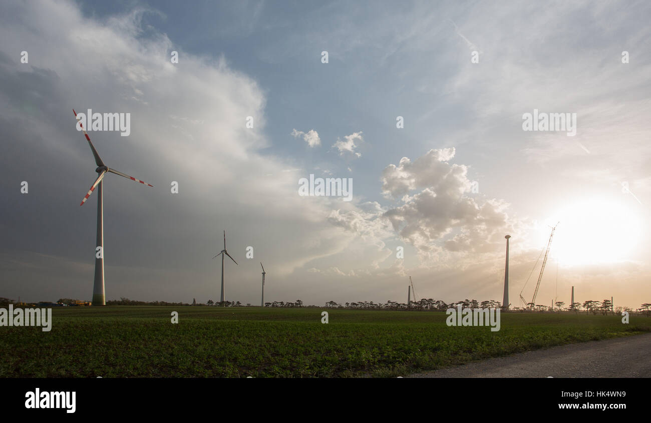 sunset, wind force, wind engine, energy turnaround, pinwheels, crane ...