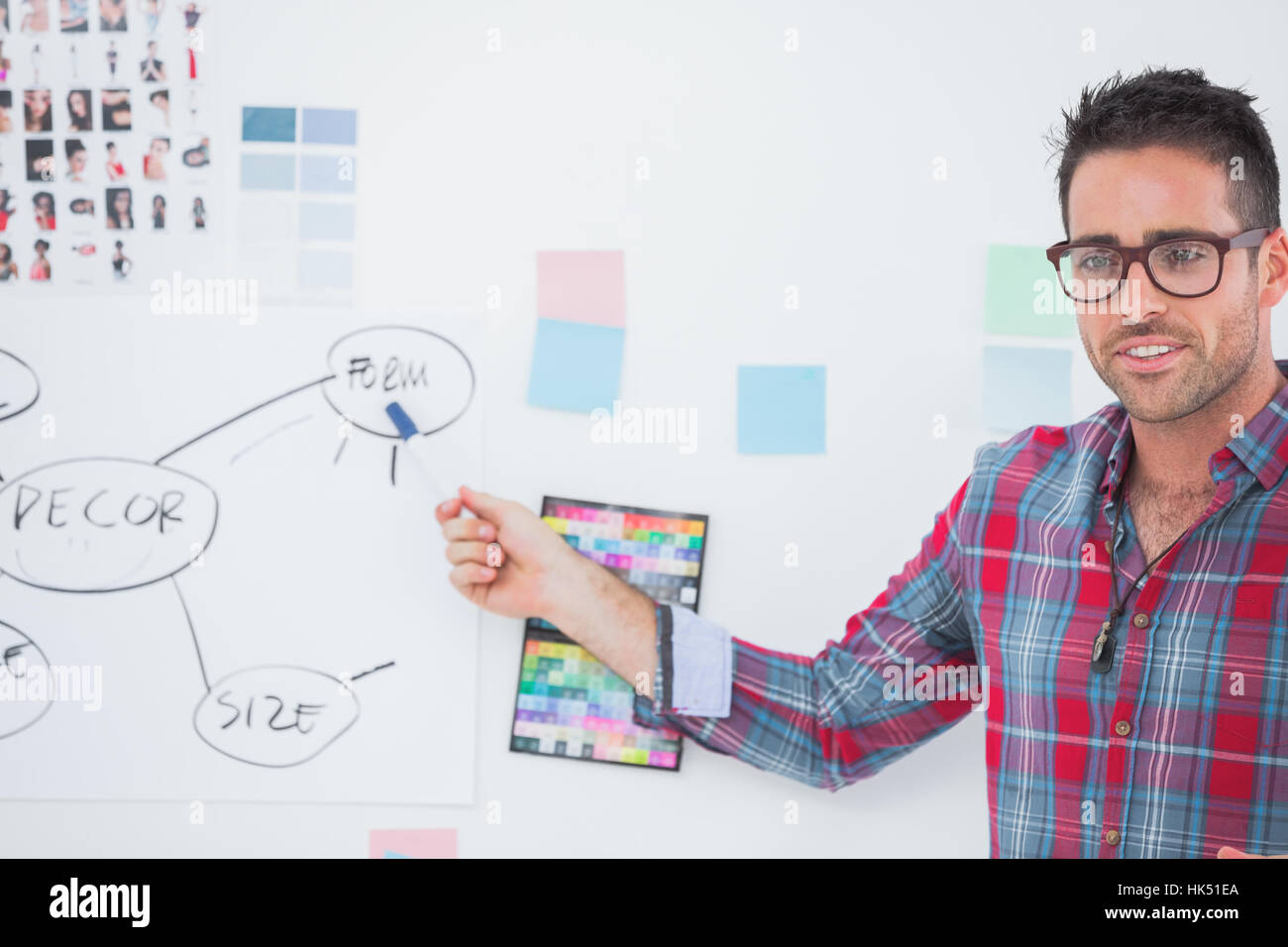 Interior designer presenting a chart on the wall Stock Photo - Alamy