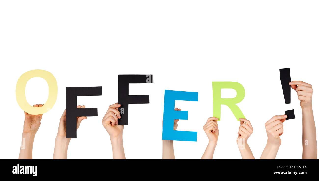 many hands holding the word offer, isolated Stock Photo - Alamy