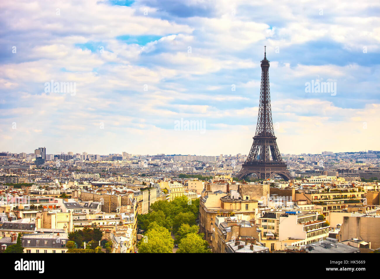 Eiffel Tower landmark, view from Arc de Triomphe. Paris cityscape ...