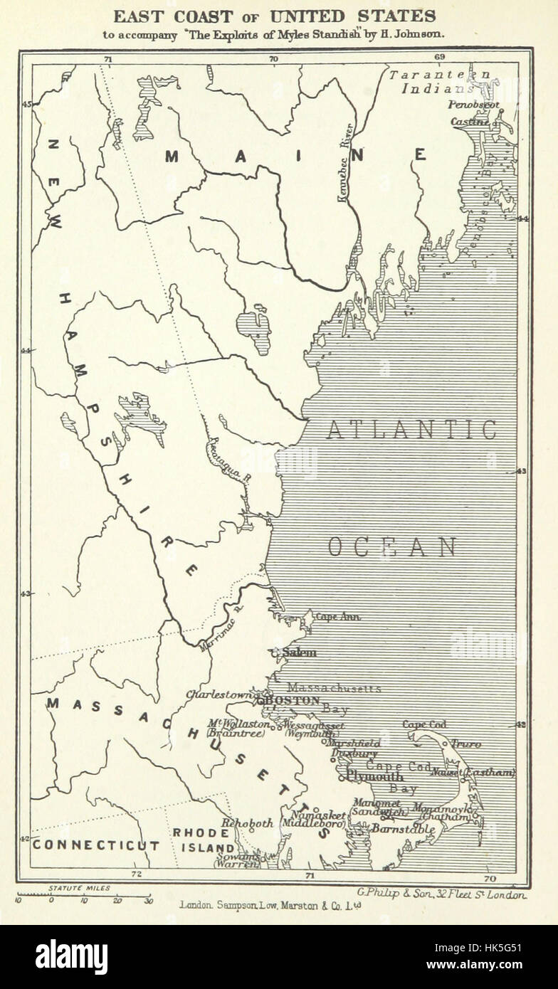 Illustration from 'The Exploits of Myles Standish' depicting key scenes ...