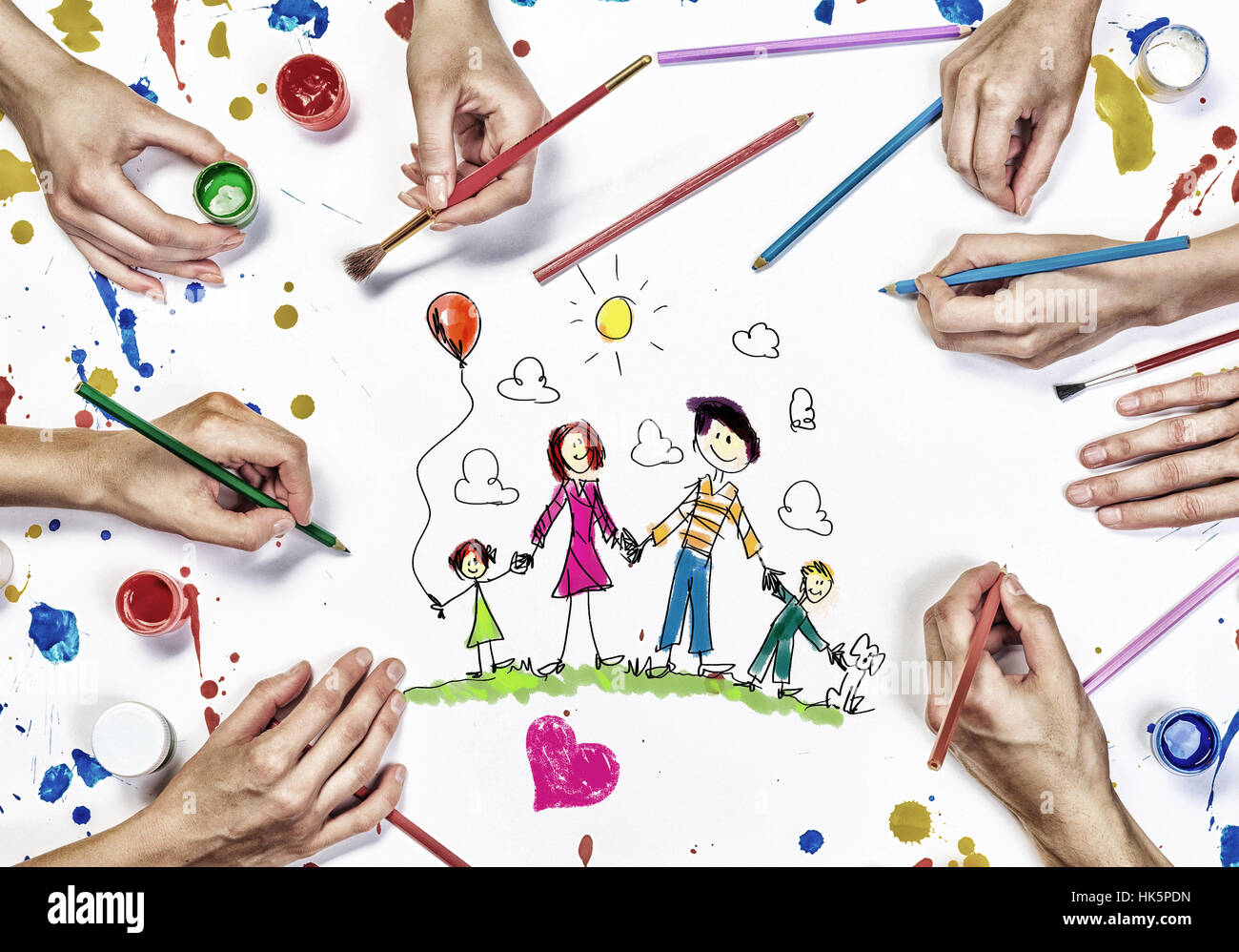People hands draw and paint happy family concept hi-res stock ...