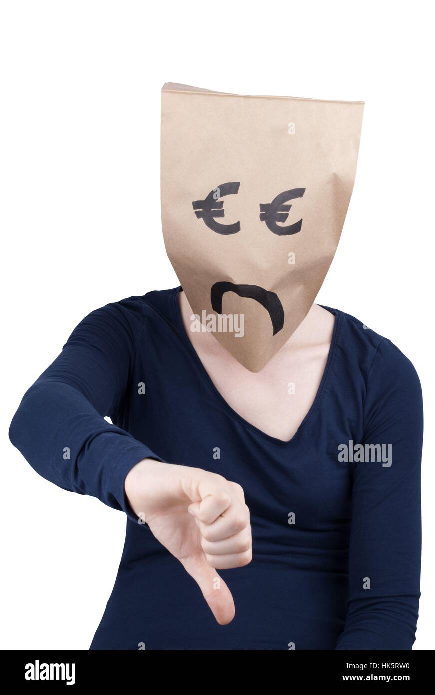 a sad looking euro head showing a thumb down, isolated Stock Photo - Alamy