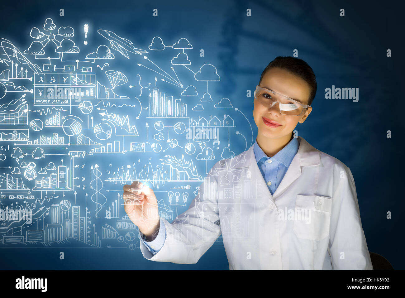 Young woman researcher in medical uniform drawing chemistry formulas ...