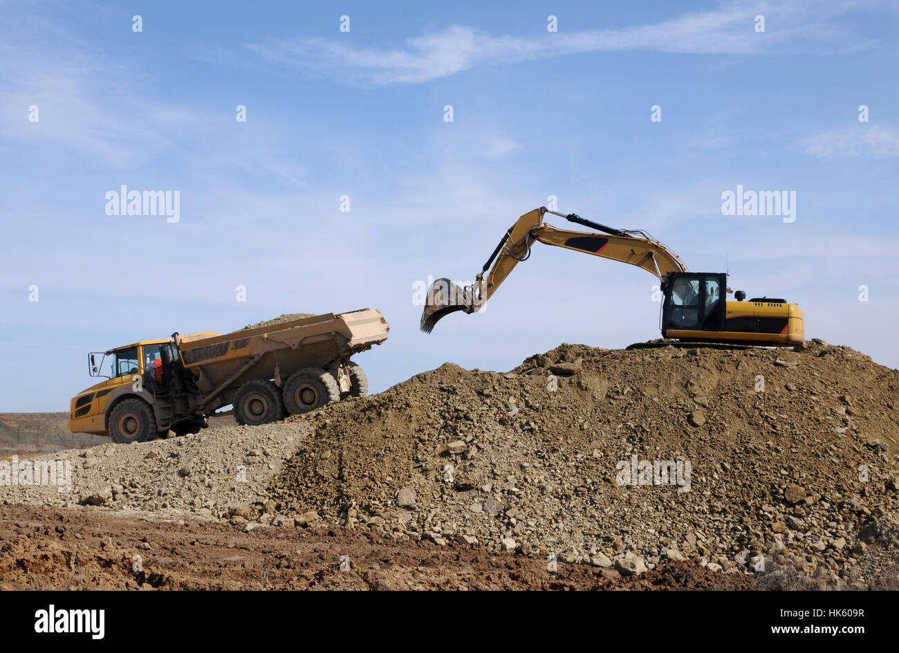 dredger, dump truck, construction site, ground, soil, earth, humus ...