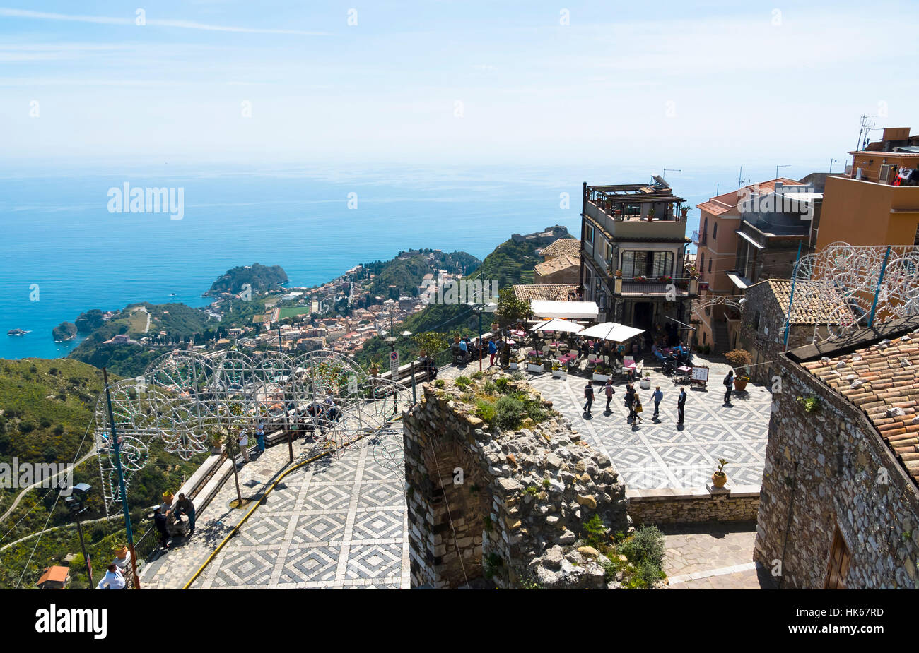View of bay from castle with Castelmola, Sicily, Italy Stock Photo - Alamy