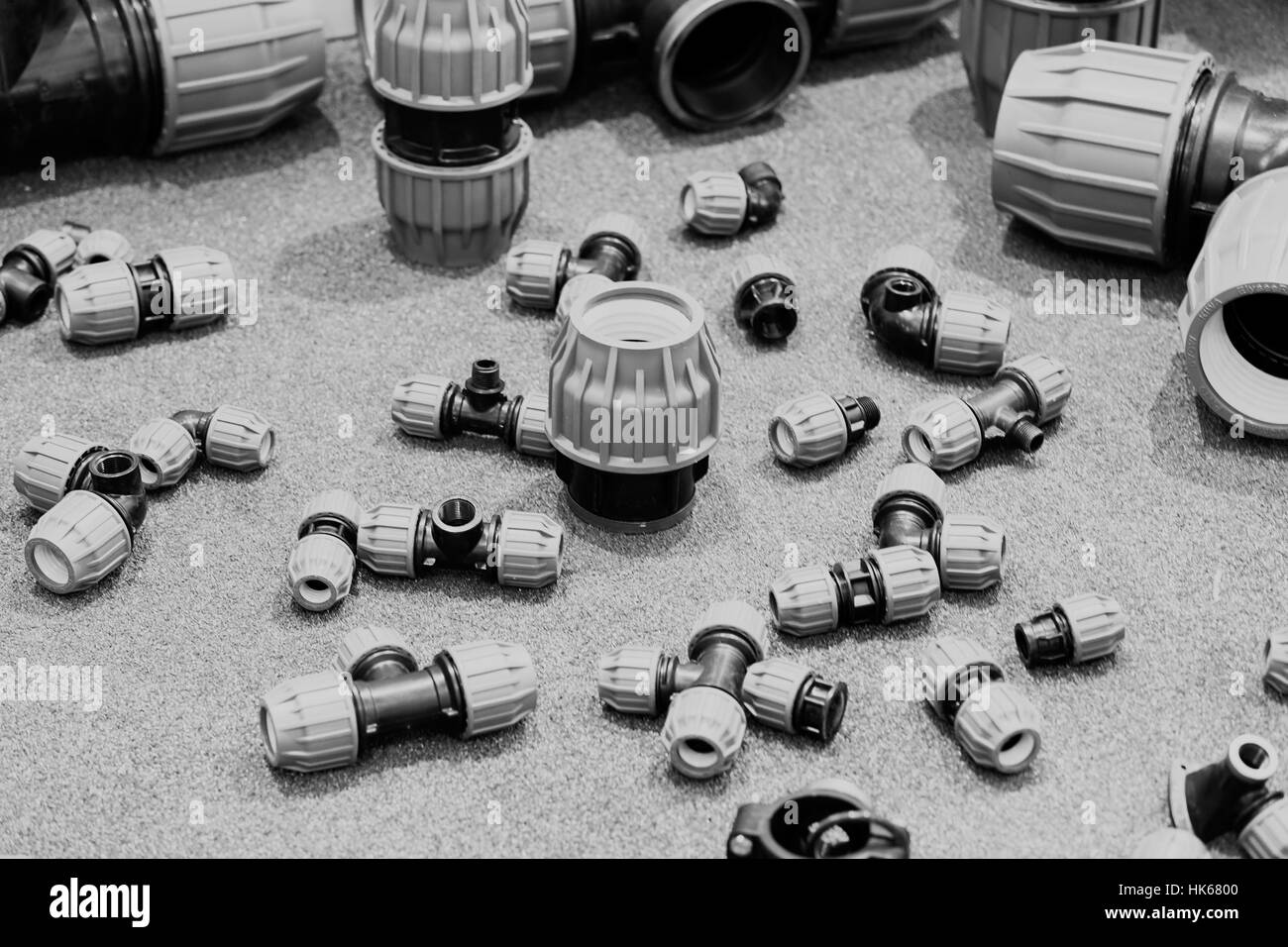 Various types of connector for water pipes on the green background ...