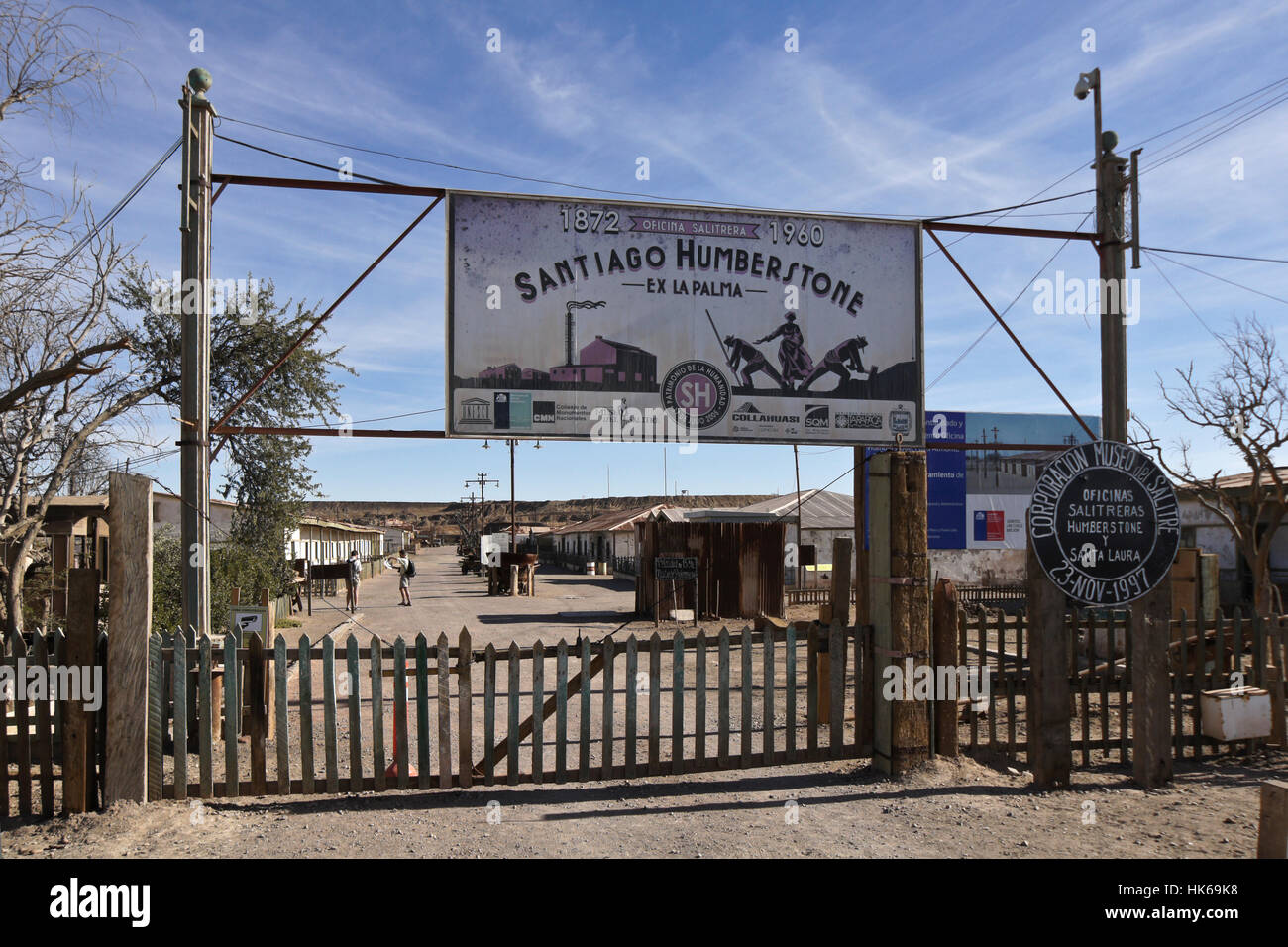 Sign at entrance to Santiago Humberstone Oficina Salitrera, Atacama Desert, Norte Grande, Chile ...