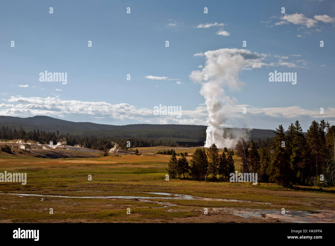 Old Faithful Geyser and a steaming Geyser Hill from Castle Geyser in ...