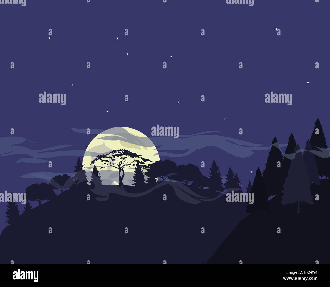 illustration of a landscape at nighttime. Flat design Stock Vector ...