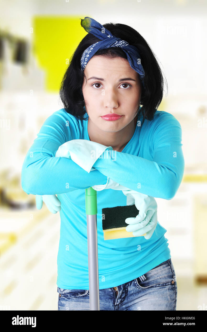 Tired and exhausted cleaning woman portrait Stock Photo - Alamy