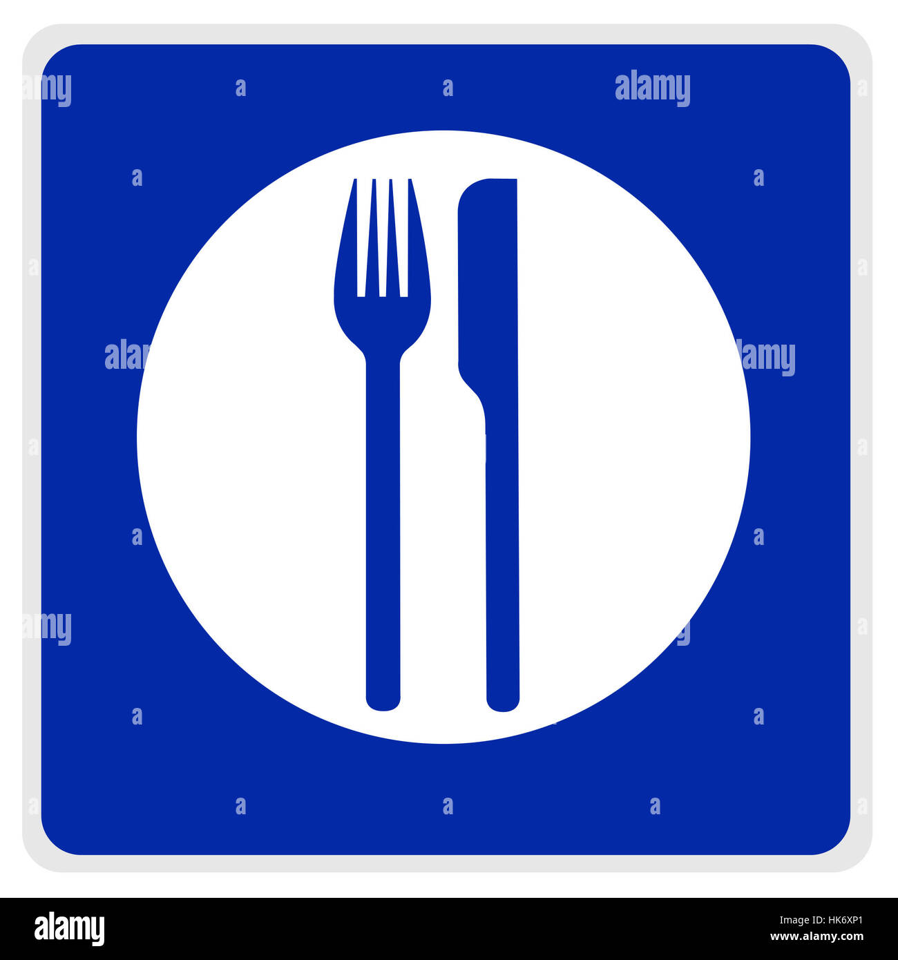 road sign - restaurant, white on blue, with path Stock Photo - Alamy