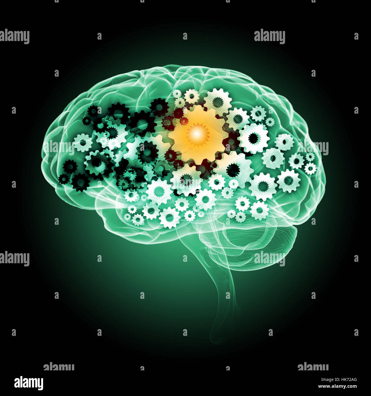 Illustration of human brain with cogwheel mechanisms Stock Photo - Alamy