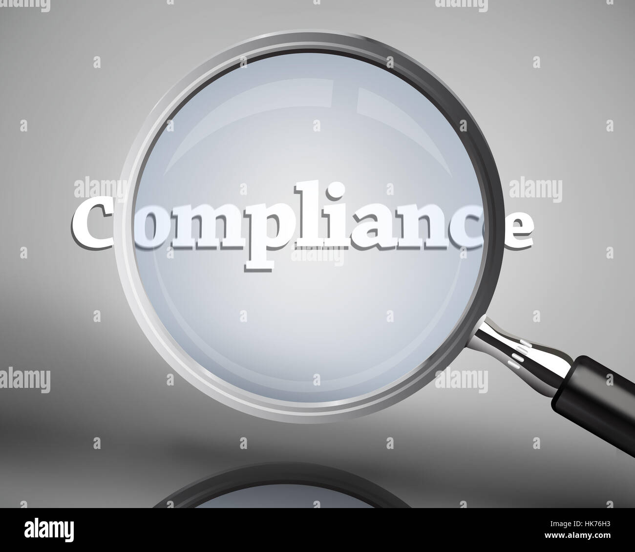 Magnifying glass showing compliance word in white on grey background ...