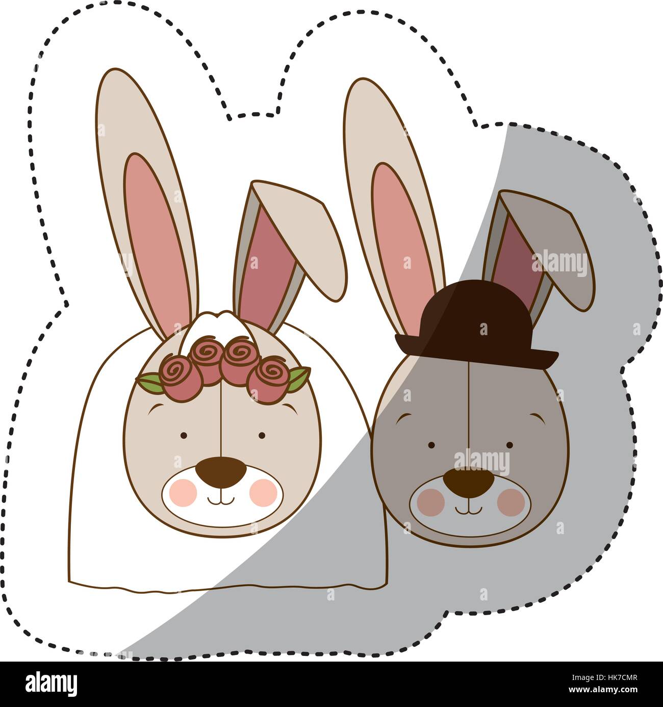 sticker colorful and half shadow with faces couple of married rabbits ...