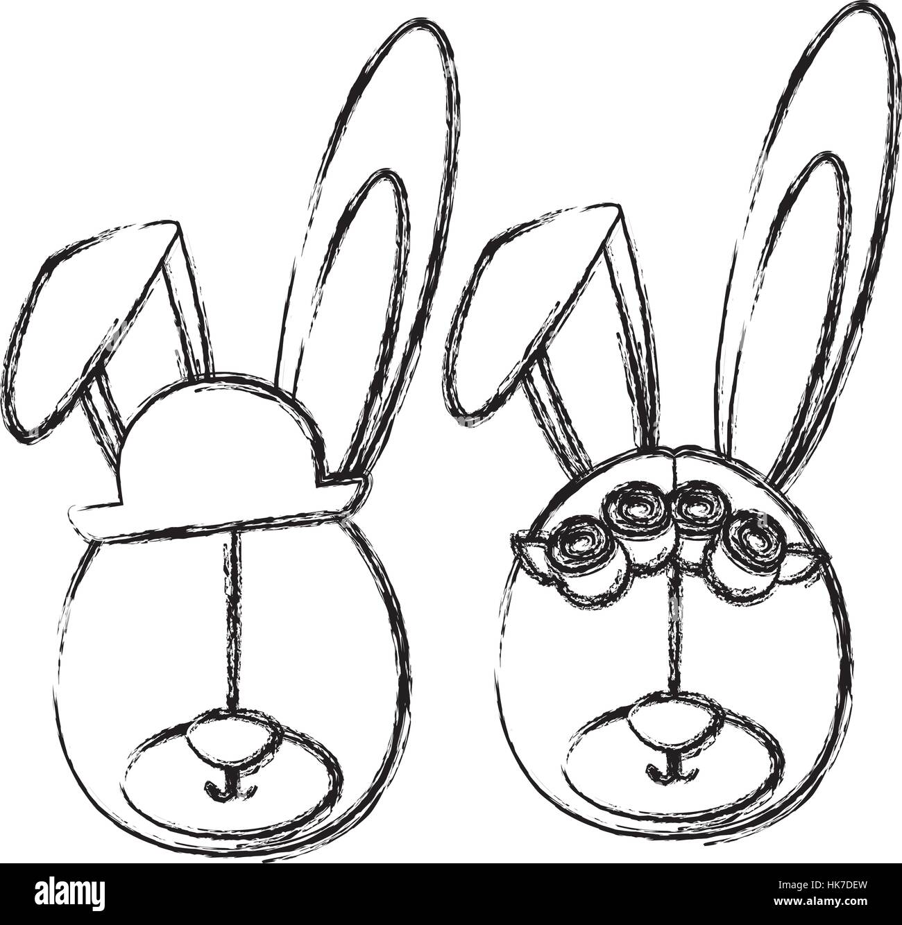 monochrome blurr contour with faces couple of rabbits without eyes ...