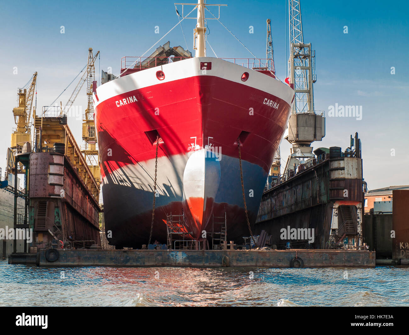 Cargo vessel "Carina" in the dry dock of the Norderwerft in the Port of ...