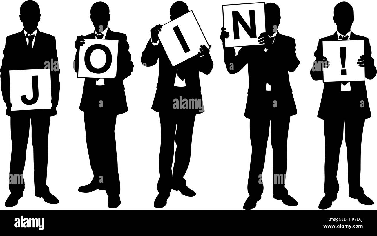 Silhouettes of people holding "join" sign isolated on white Stock ...