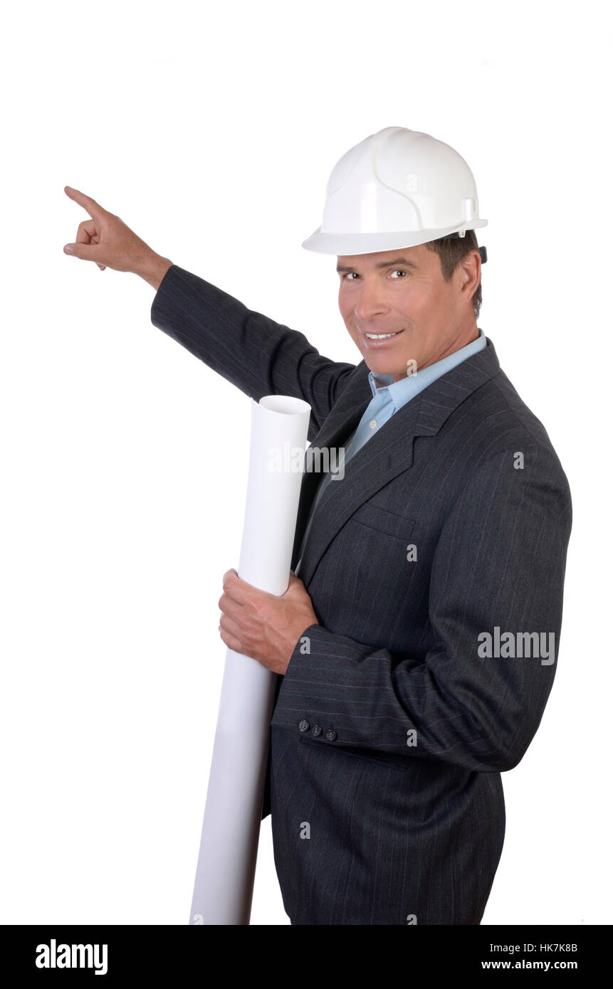architect with helmet and plan showing with finger Stock Photo - Alamy