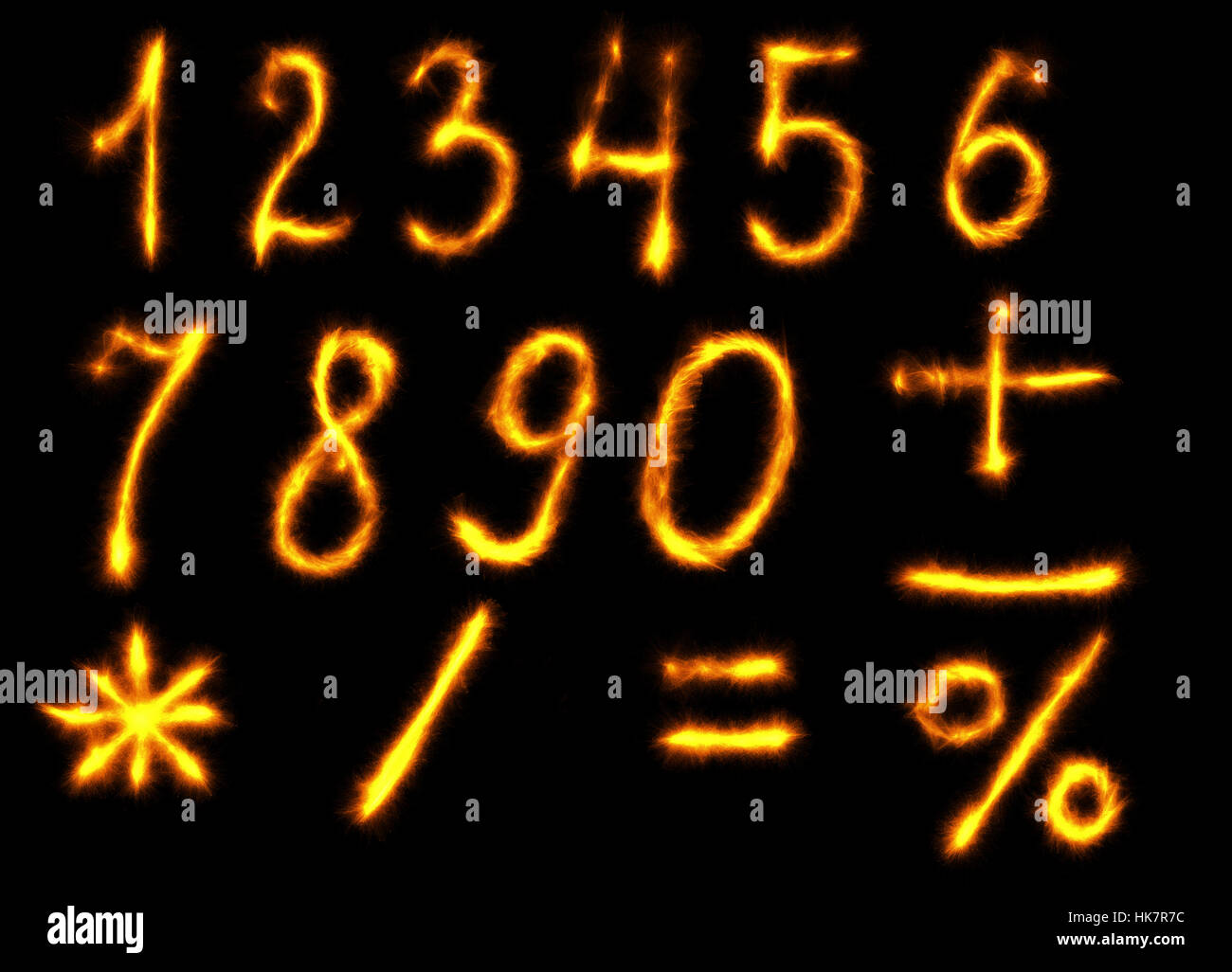 The fire numbers set collection alphabet on black background Stock ...