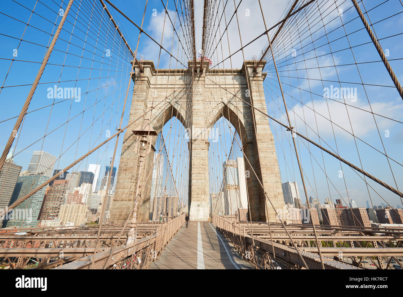 Brooklyn Bridge wide angle view in the morning sunlight, New York Stock ...