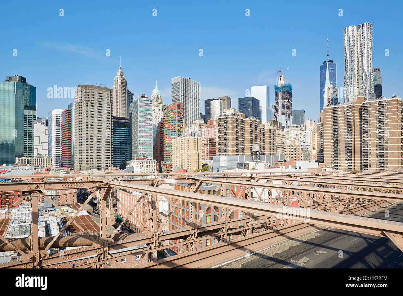 New York city buildings view from Brooklyn Bridge, empty street Stock ...
