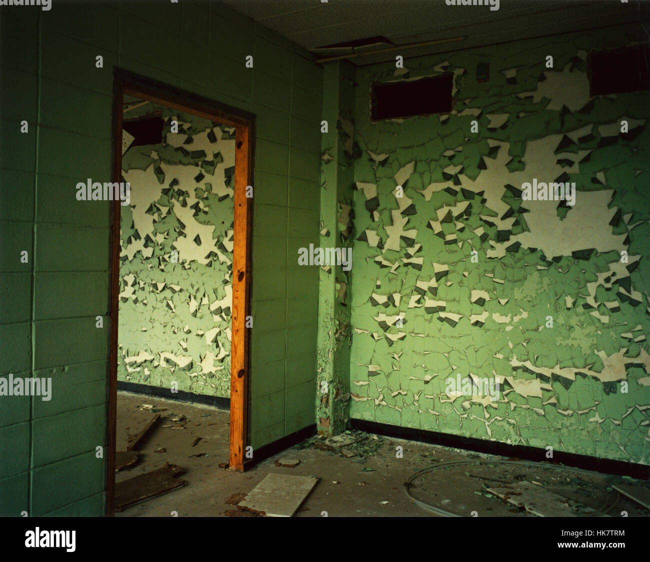 A room with peeling green paint on the walls. A deserted building Stock ...