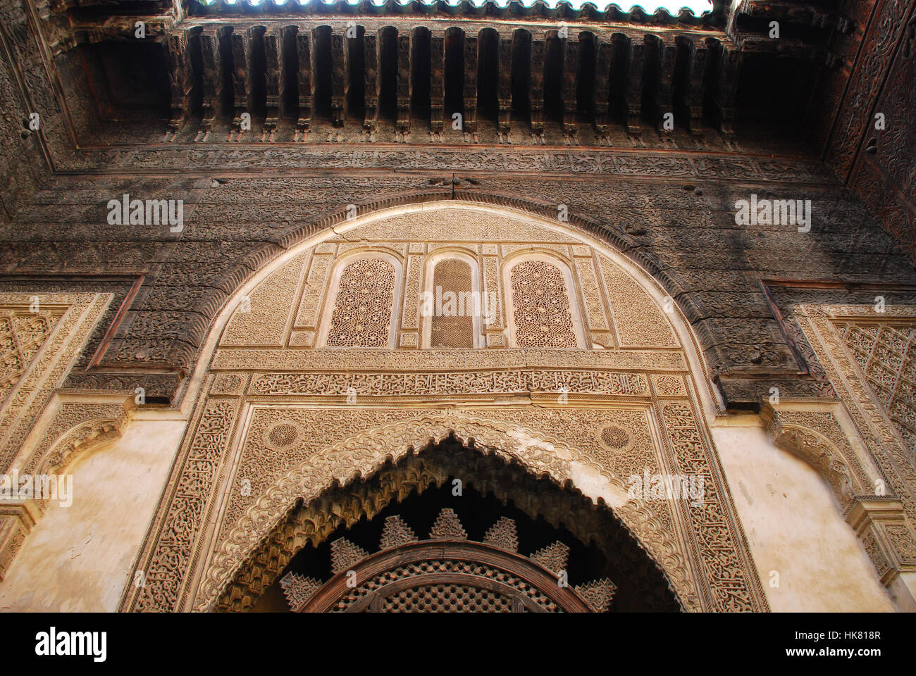 Stone and cedar wood carvings Medersa Es Sahrij Fez Morocco Stock Photo ...