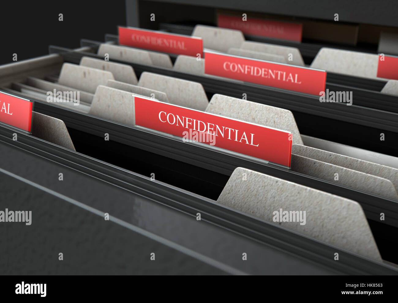 A 3D render closeup view of an open filing cabinet drawer revealing confidential related ...
