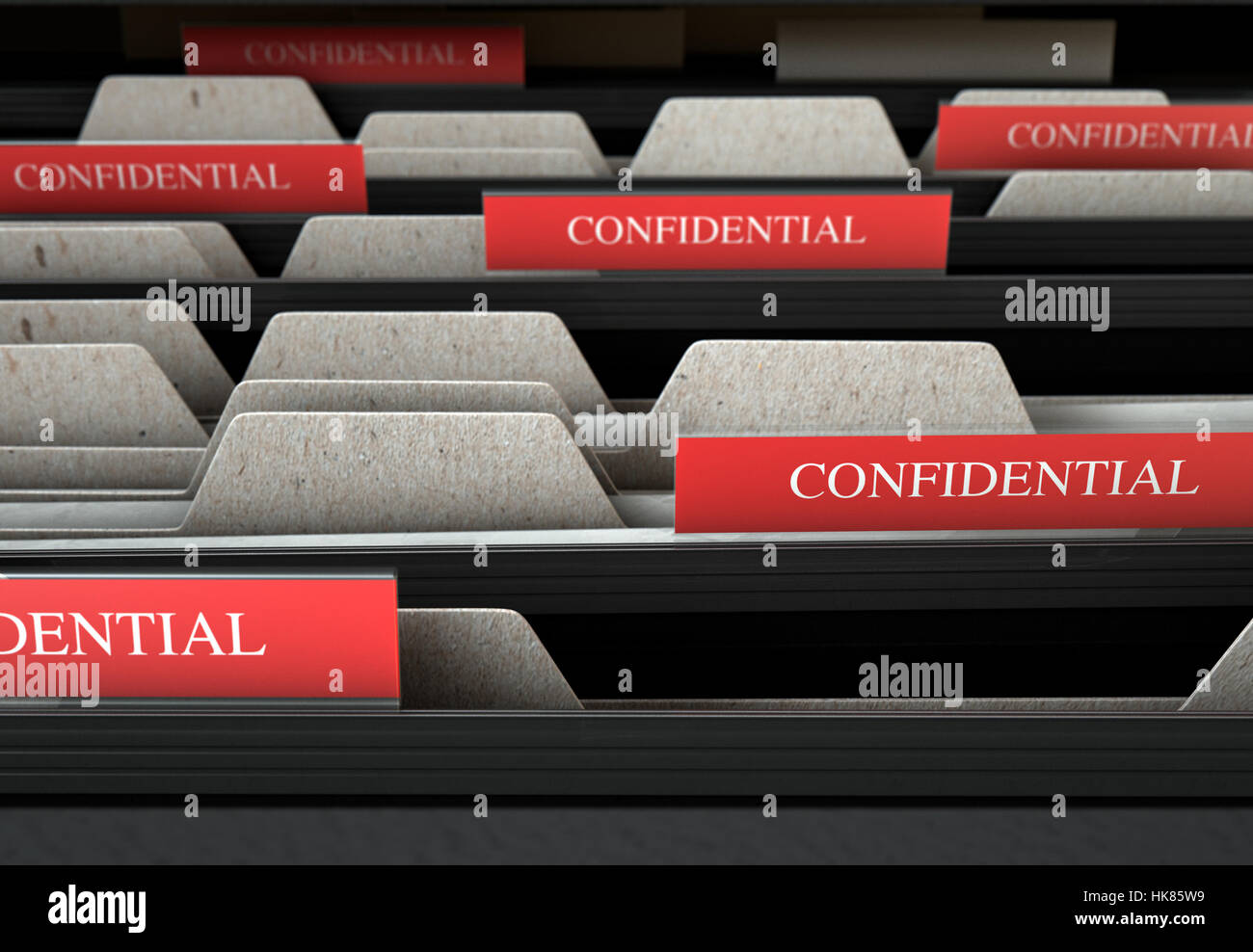 A 3D render closeup view of an open filing cabinet drawer revealing confidential related ...