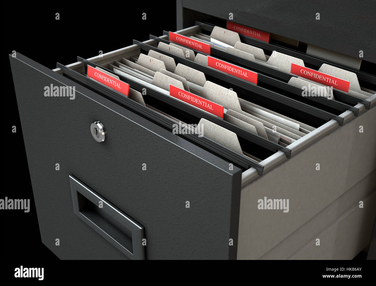 A 3D render closeup view of an open filing cabinet drawer revealing confidential related ...
