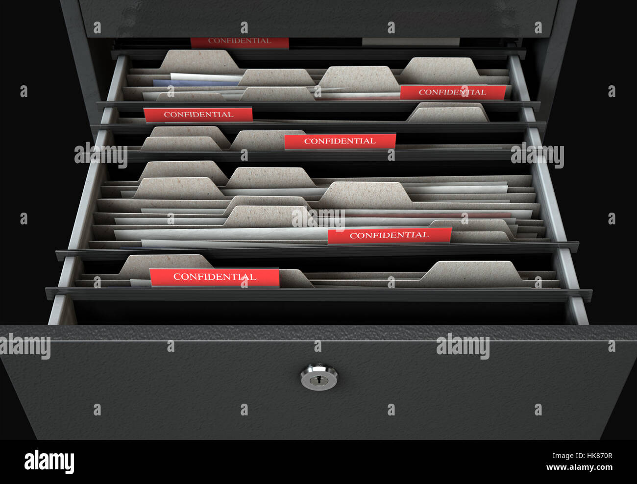 A 3D render closeup view of an open filing cabinet drawer revealing ...