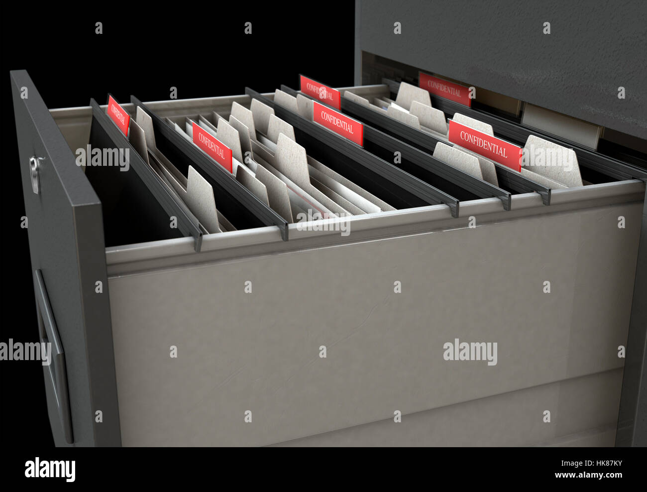 A 3D render closeup view of an open filing cabinet drawer revealing confidential related ...