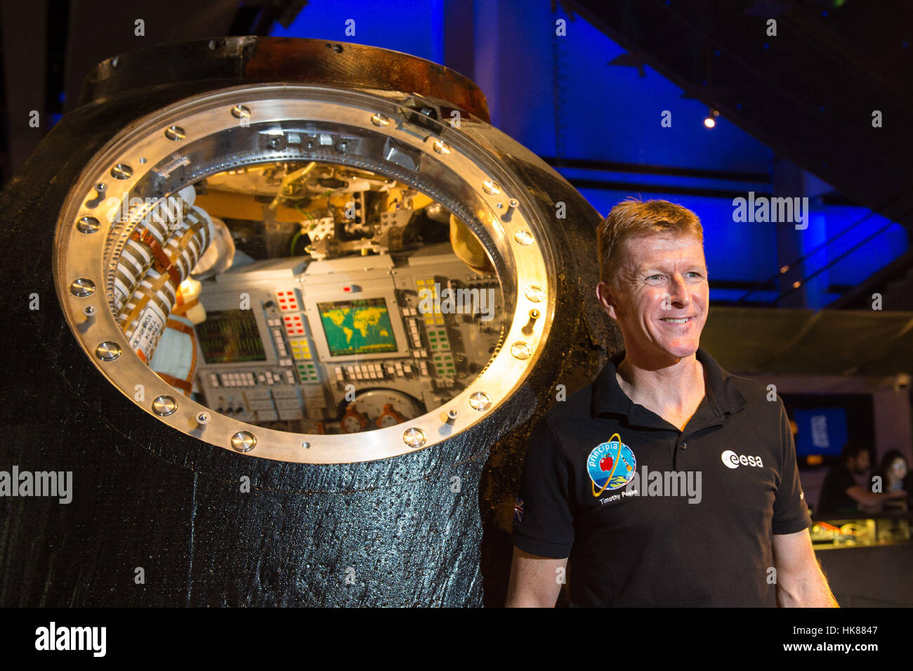 British astronaut Tim Peake with the Russian Soyuz capsule which ...
