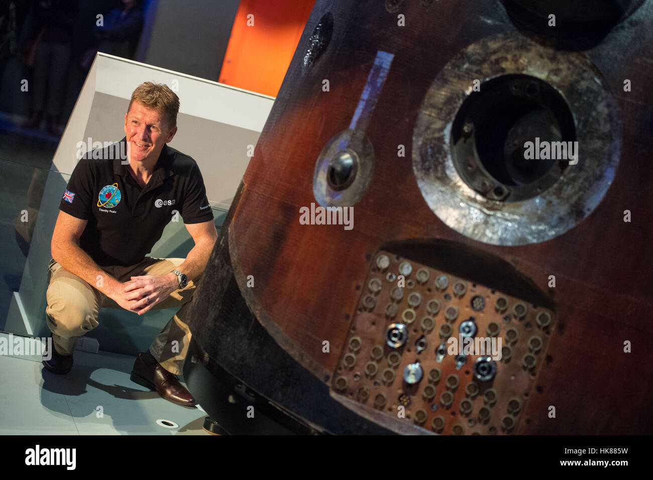 British astronaut Tim Peake with the Russian Soyuz capsule which ...
