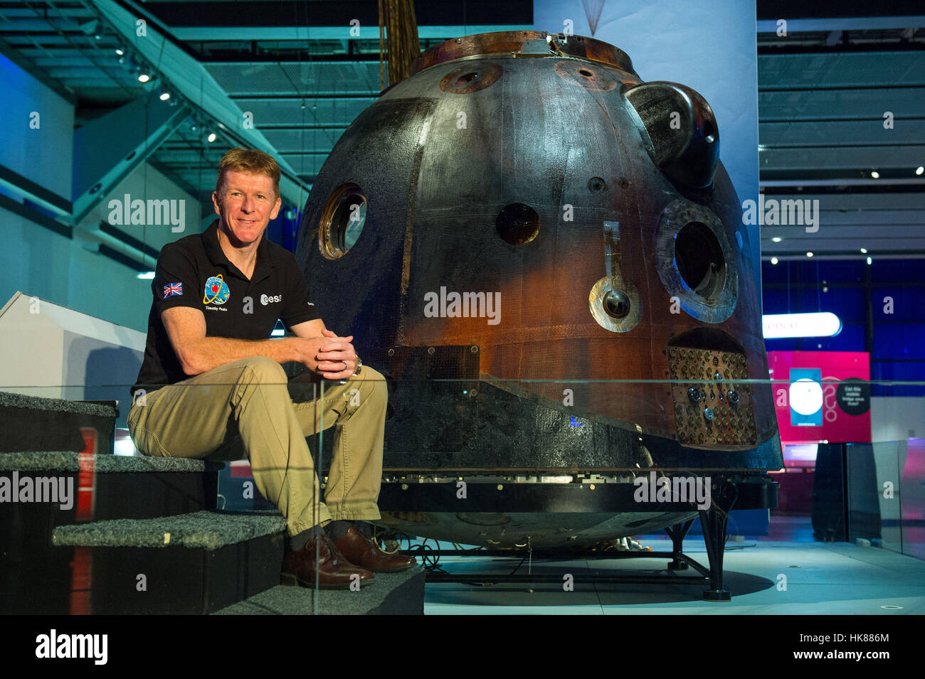 British astronaut Tim Peake with the Russian Soyuz capsule which ...