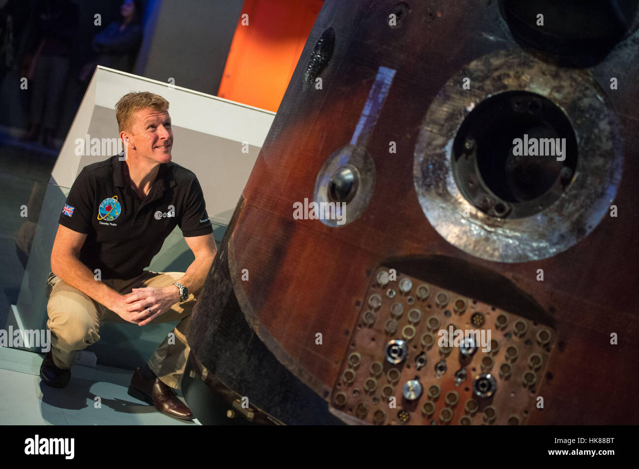 British astronaut Tim Peake with the Russian Soyuz capsule which ...