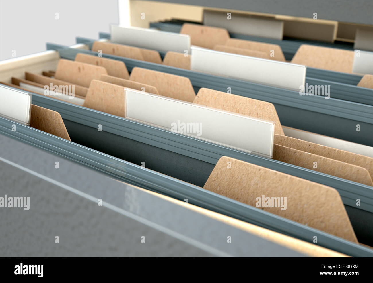 A 3D render closeup view of an open filing cabinet drawer revealing ...
