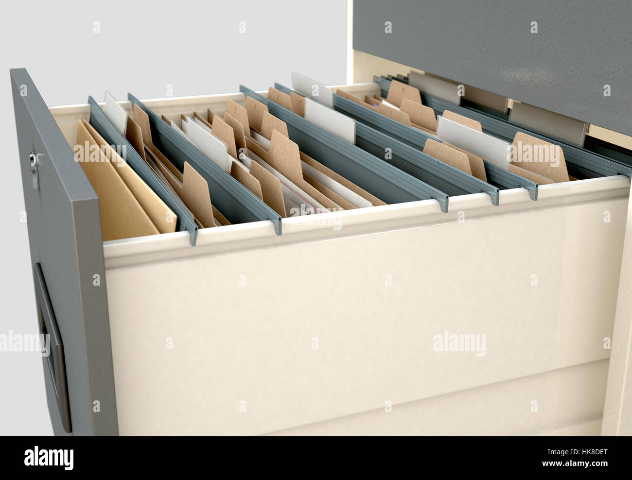 A 3D render closeup view of an open filing cabinet drawer revealing generic documents inside ...