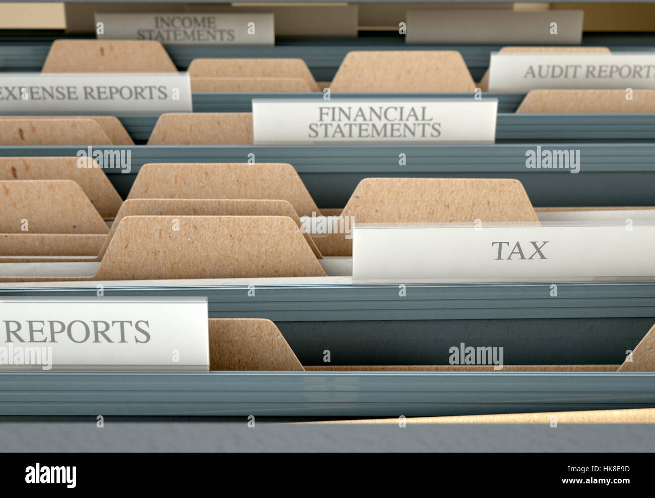 A 3D render closeup view of an open filing cabinet drawer revealing ...